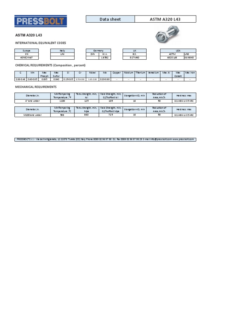ASTM A320 L43 Data Sheet | PDF | Building Materials | Sets Of Chemical Elements