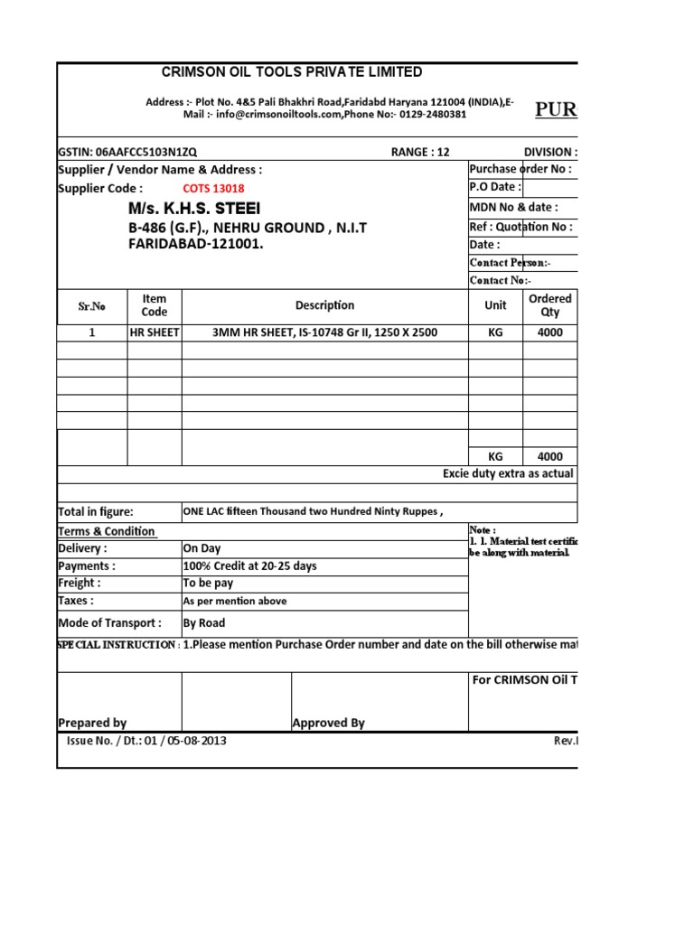 Purchase Order: M/S. K.H.S. Steel B-486 (G.F) ., Nehru Ground, N.I.T ...