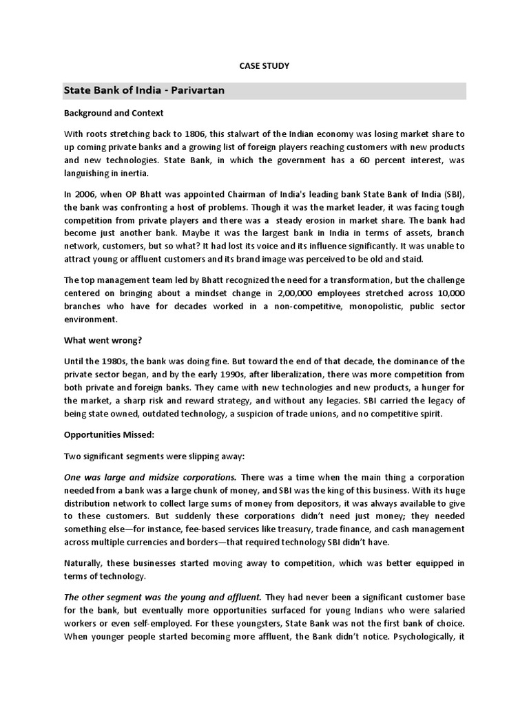 State Bank of India - Parivartan: Case Study | PDF | Banks | Money