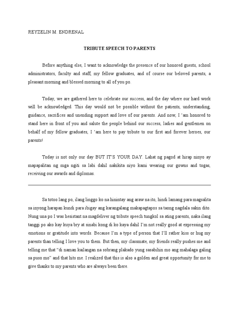 Tribute Speech To Parents | PDF