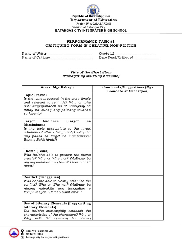 Department of Education: Performance Task #1 Critiquing Form in ...
