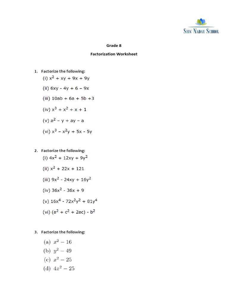 Grade 8 - Factorization Worksheet | PDF