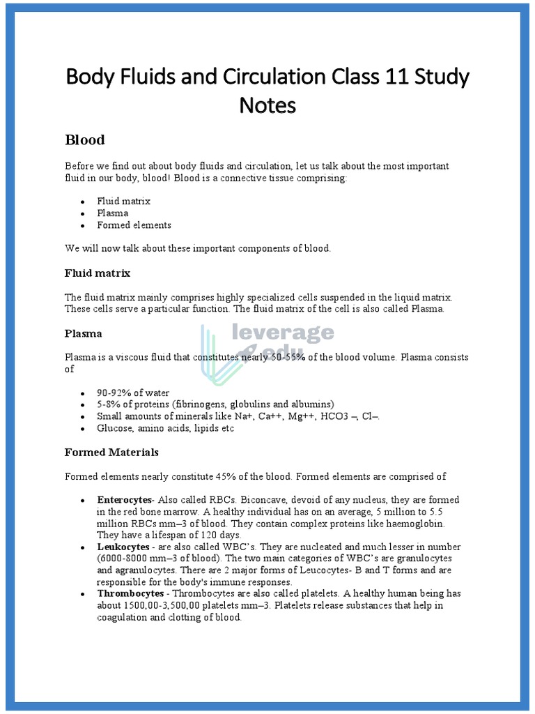 Body Fluids and Circulation Class 11 Study Notes: Blood | PDF | Heart ...
