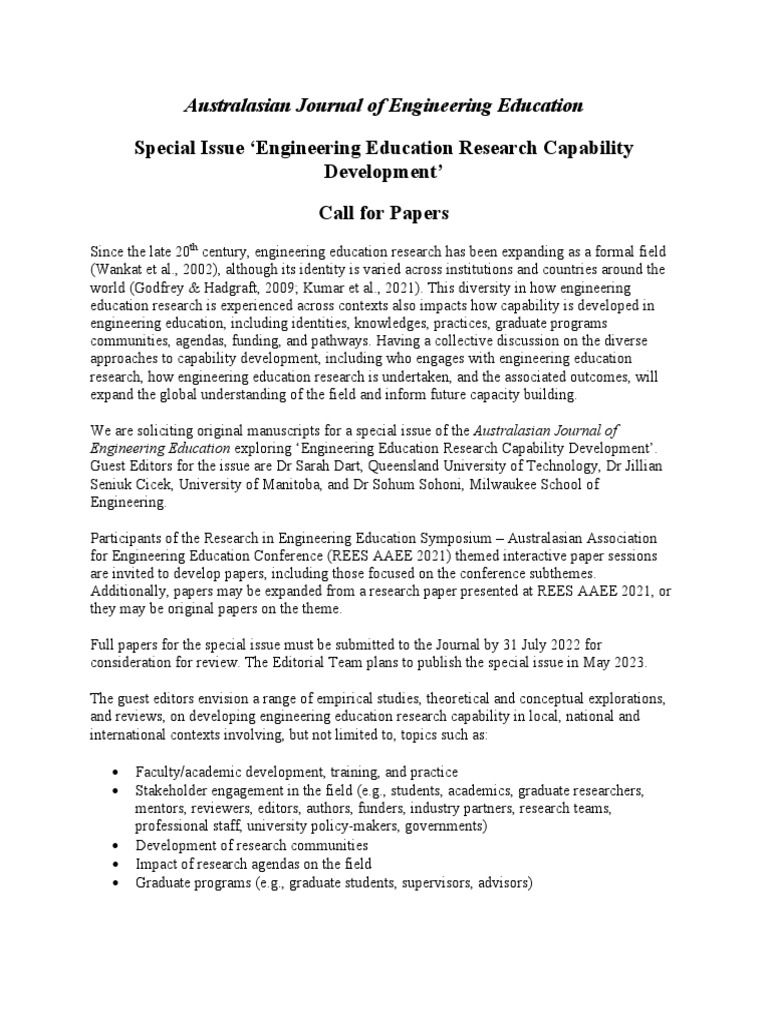 Special Issue Call For Papers-AJEE EER Capability | PDF | Engineering ...