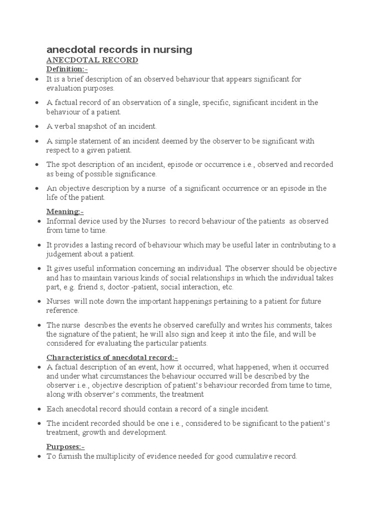 Understanding Anecdotal Records in Nursing | PDF | Behavior | Nursing