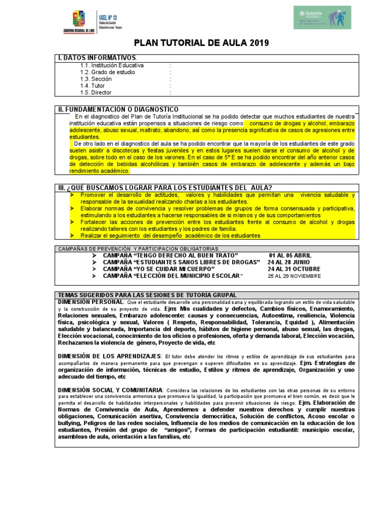 Plan Tutorial de Aula 2019 | PDF | Aprendizaje | Violencia