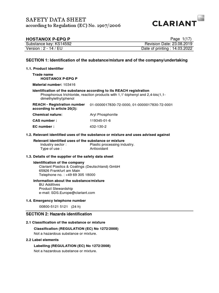 Clariant SDS HOSTANOX P-EPQ P European Community English | PDF ...