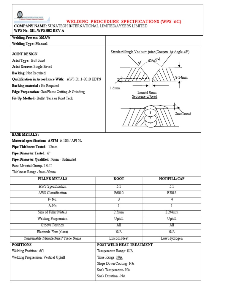 Welding Procedure Specifications (Wps - 6G) : 2mm (Max) | PDF ...