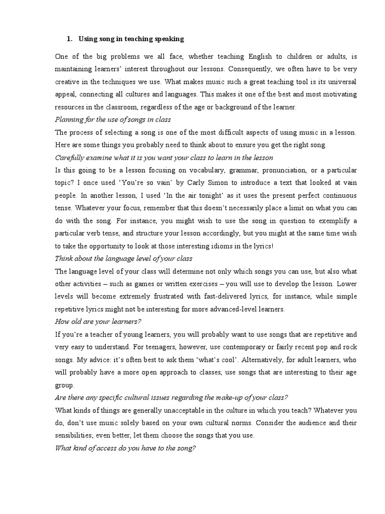 Using Song in Teaching Speaking | PDF | Vocabulary | Grammar