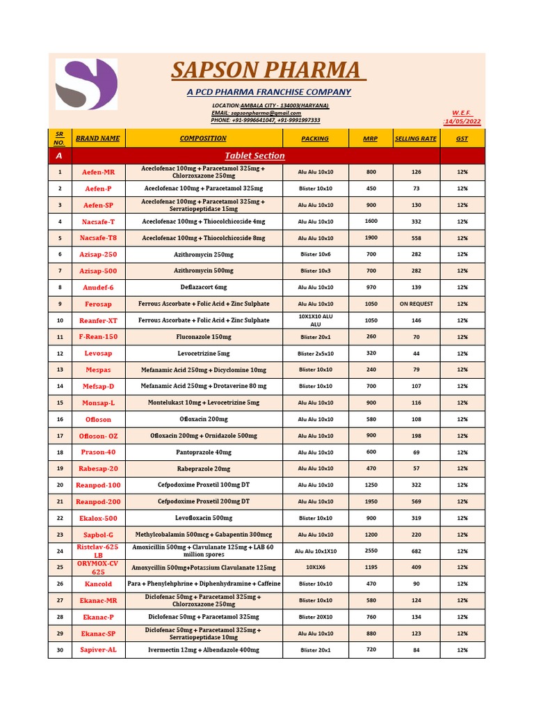 Sapson Pharma Price List - W.E.F. 14 - 05 - 2022 | PDF | Pharmacology ...