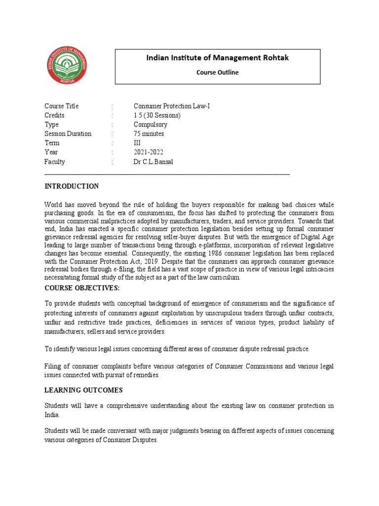 Course Outline - Consumer Protection Laws-I | PDF | Consumer Protection ...