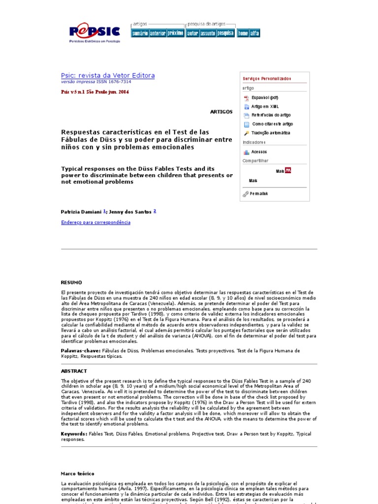 Respuestas Características en El Test de Las Fábulas de Düss y Su Poder ...