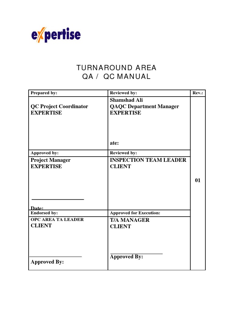 #5.4 TURNAROUND AREA QA Manual - SAMPLE ONLY | PDF | Quality Assurance ...