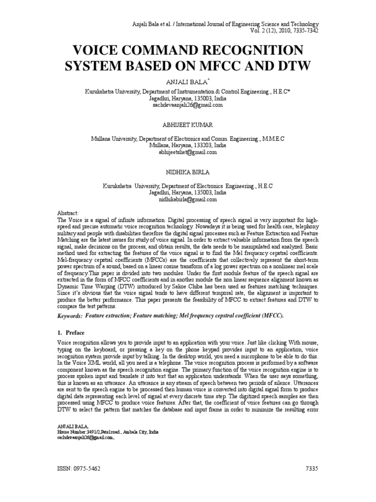 Voice Command Recognition System Based On MFCC and DTW: Anjali Bala | PDF | Speech Recognition ...