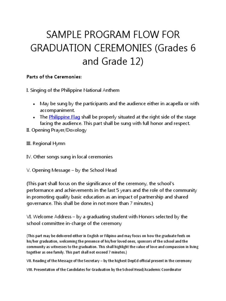 Sample Program Flow For Graduation Ceremonies (Grades 6 and Grade 12) | PDF