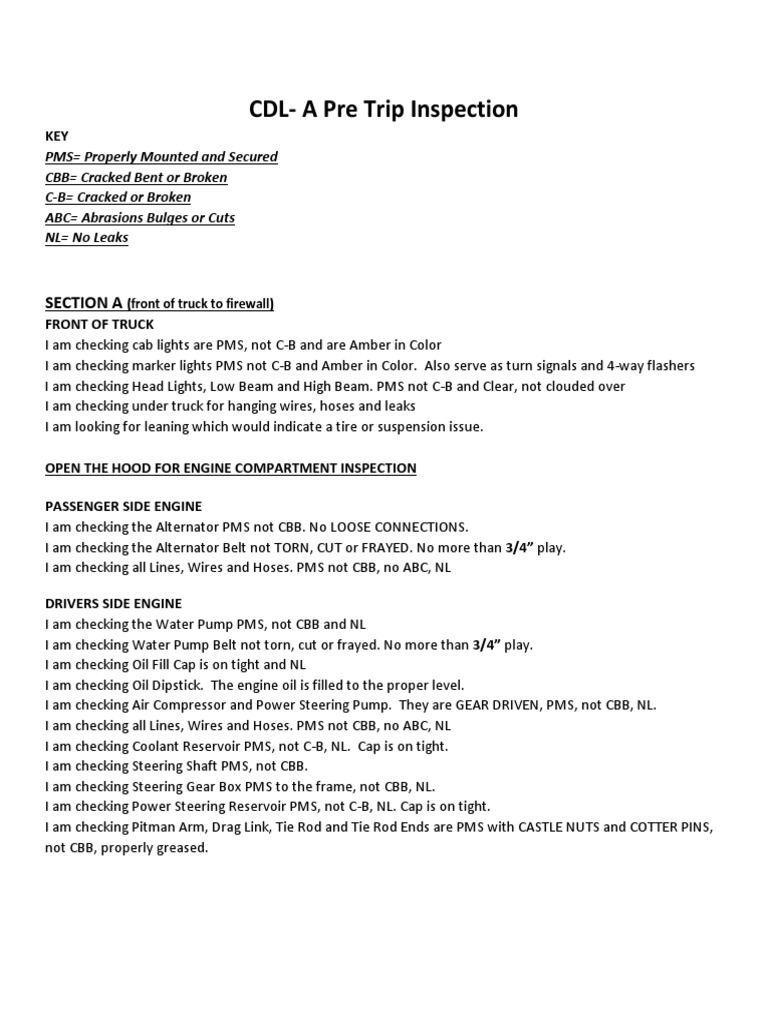 Class A Pre Trip Inspection | PDF | Tire | Truck
