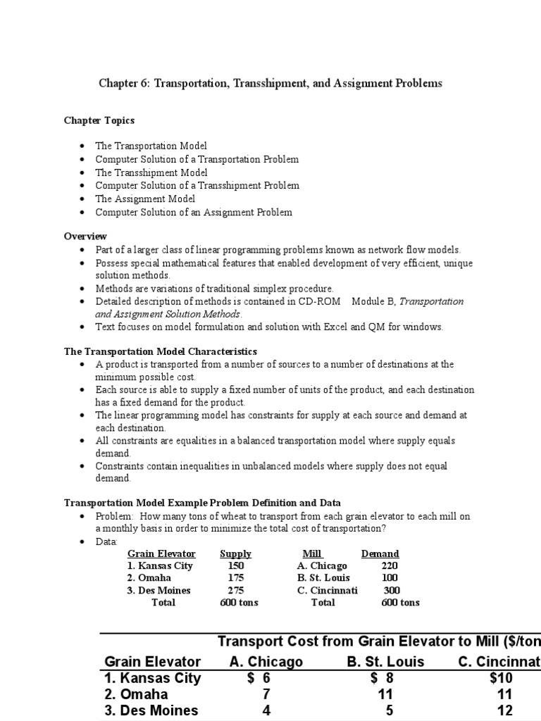 Chapter 6: Transportation, Transshipment, and Assignment Problems | PDF | Linear Programming ...