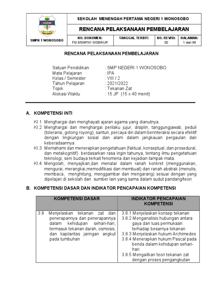 RPP IPA Kelas VIII: Tekanan Zat | PDF