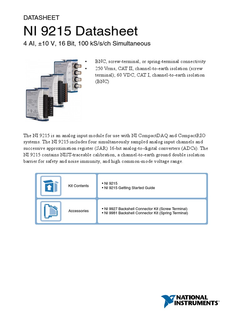 NI 9215 Datasheet | Download Free PDF | Analog To Digital Converter ...