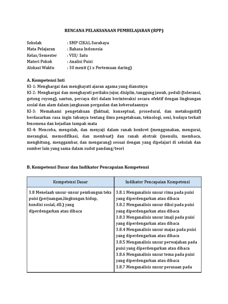 RPP - Kelas 8 - Analisis Puisi | PDF