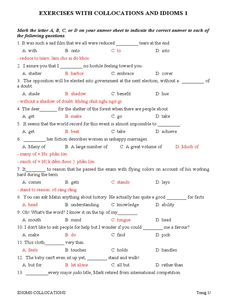 Collocations and Idioms 1 Đáp Án | PDF