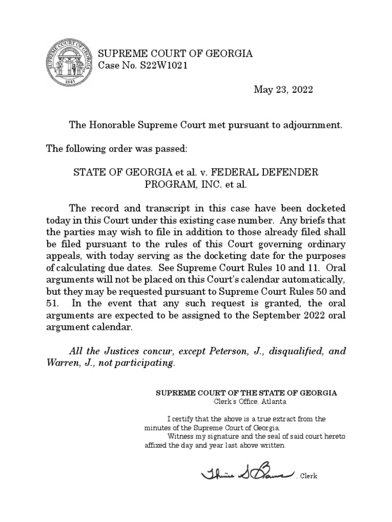 Georgia Supreme Court Order S22W1021 | PDF