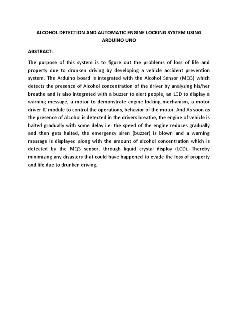 Alcohol Detection and Automatic Engine Locking System Using Arduino Uno | PDF | Internet Of ...