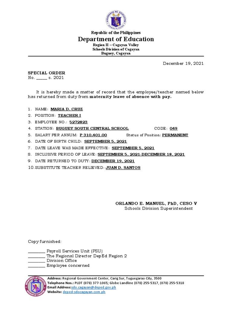 Special Order Reinstatement Maternity | PDF