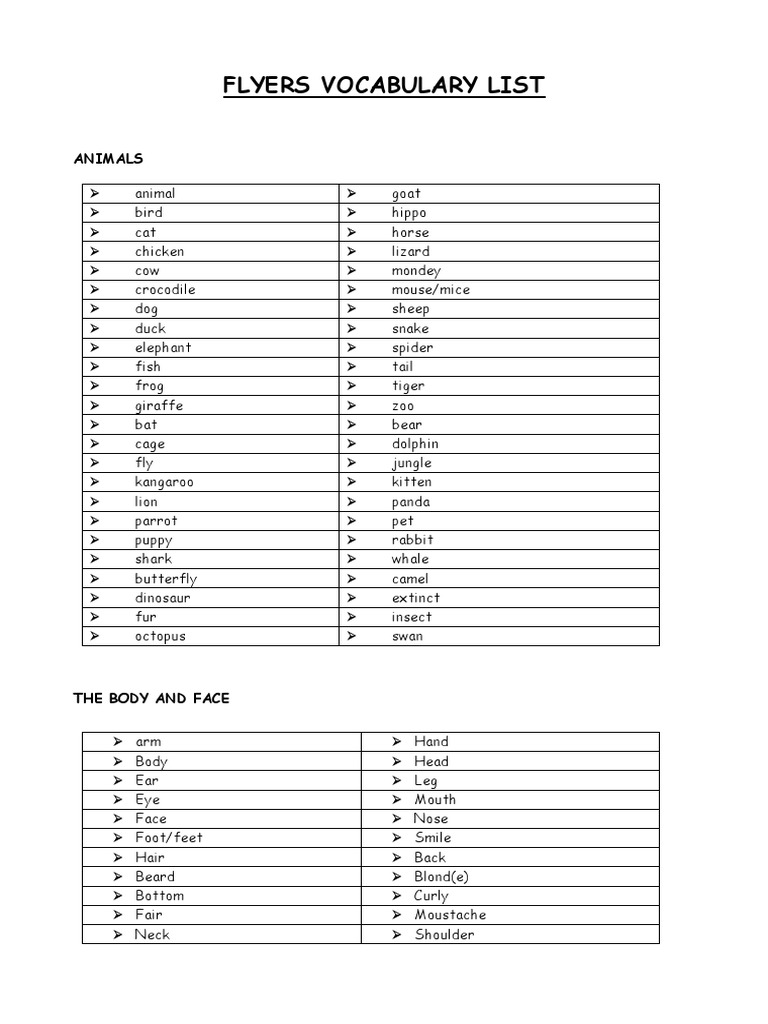 Flyers Vocabulary List: Animals | PDF | Drink | Lunch