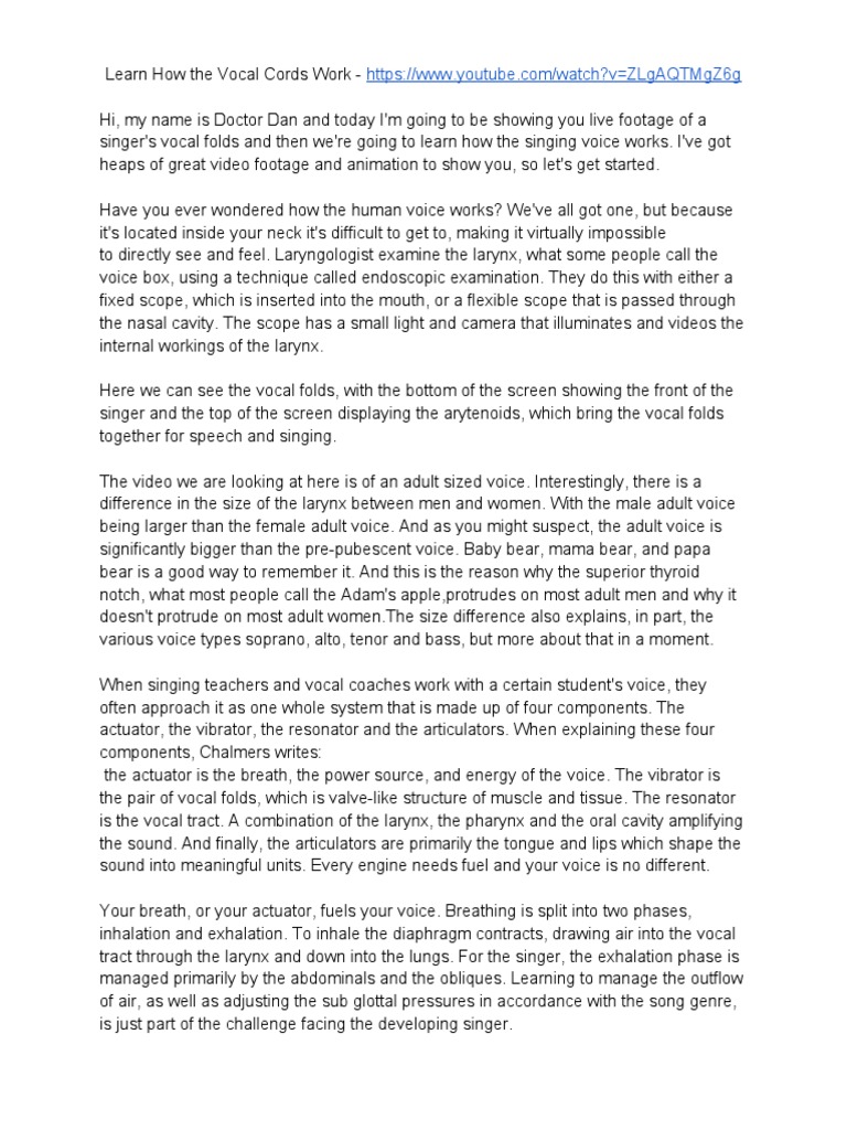 Learn How The Vocal Cords Work - Transcript of YouTube Video | PDF ...