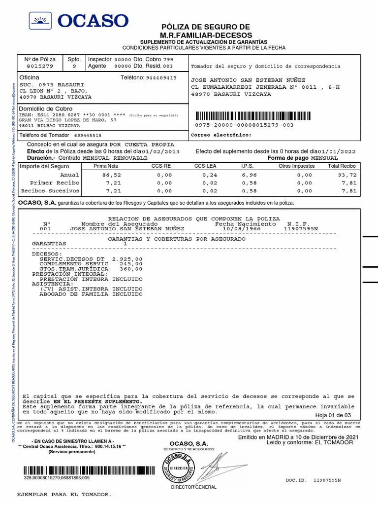 Condiciones Particulares Ocaso Decesos | PDF | Póliza de seguros | Seguro