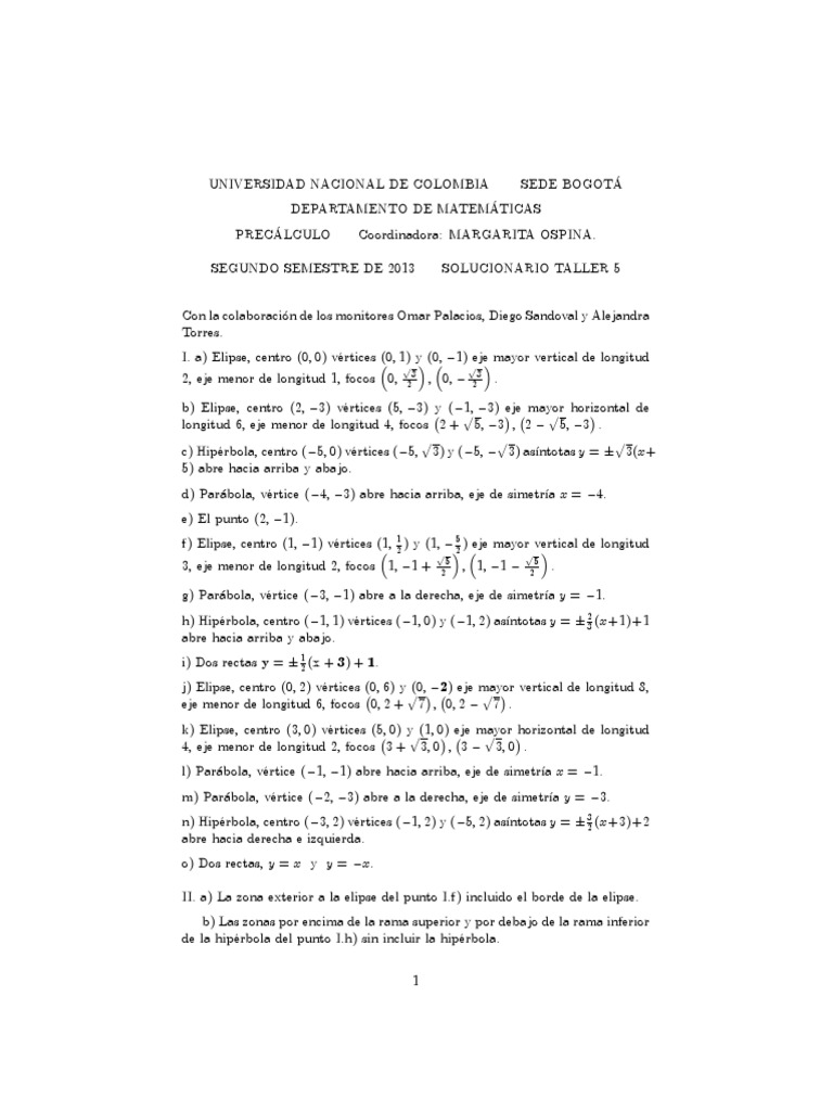 Taller 5 Precalculo II-2013 Solucionario | PDF | Elipse | Topología diferencial