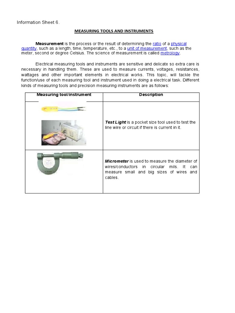 Info. Sheet 6 (ELECTRICAL MEASURING TOOLS) | PDF | Measurement | Measuring Instrument