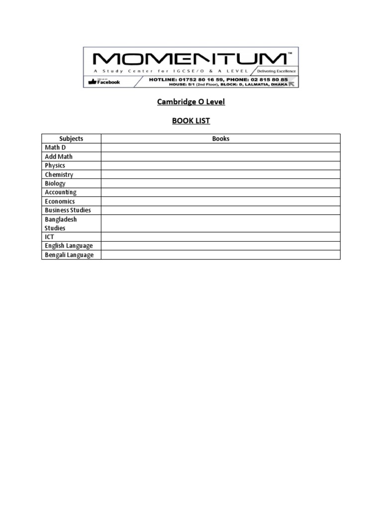 Cambridge O Level Book List: Subjects Books | PDF