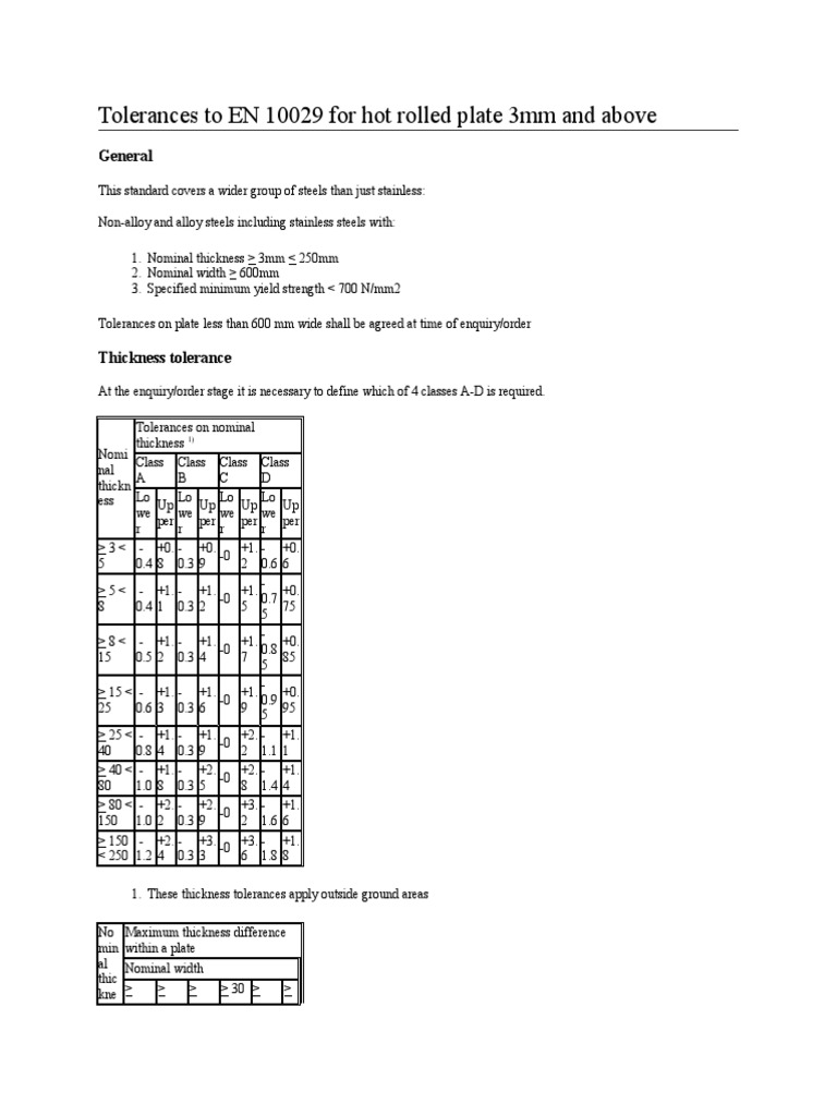 Tolerances To EN 10029 For Hot Rolled Plate 3mm and Above: General ...