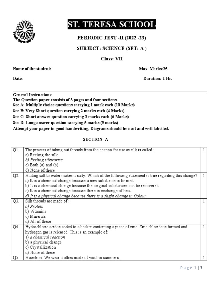 Question Paper SET - A VII UT | PDF | Wool | Chemical Substances