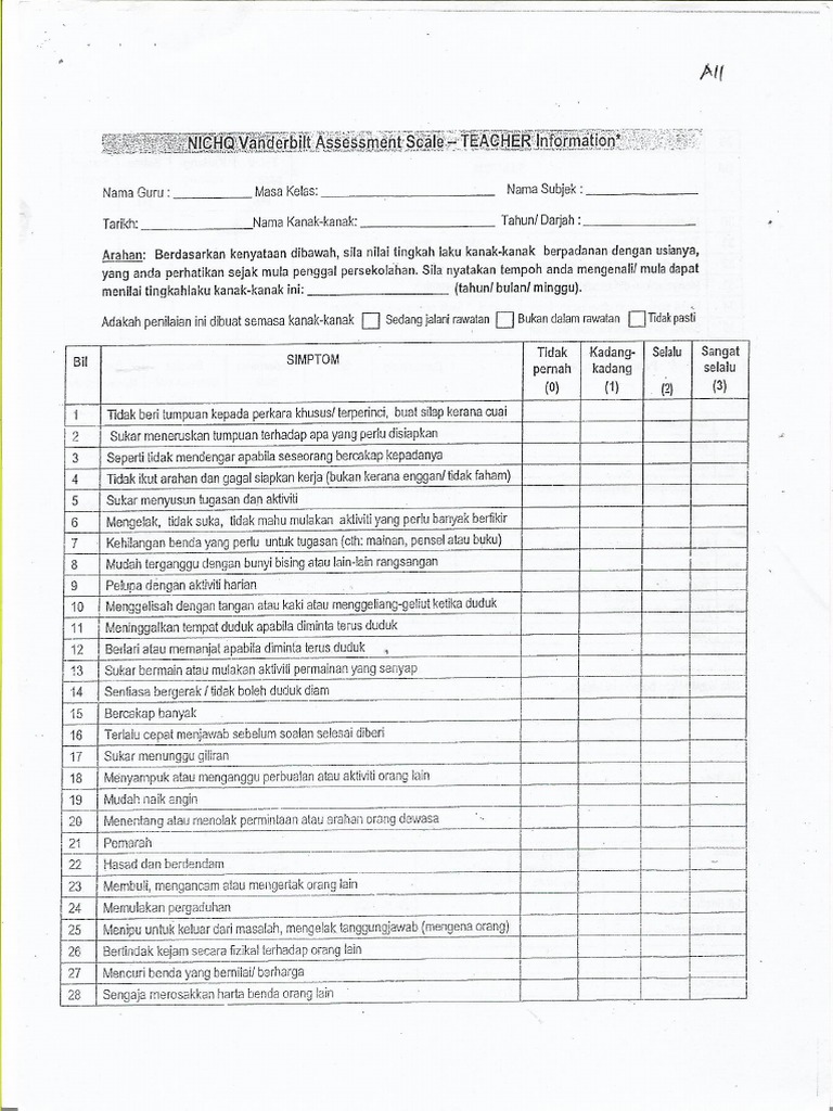 Instrumen Nichq Vanderbilt Scale Assessment - Teacher Information | PDF