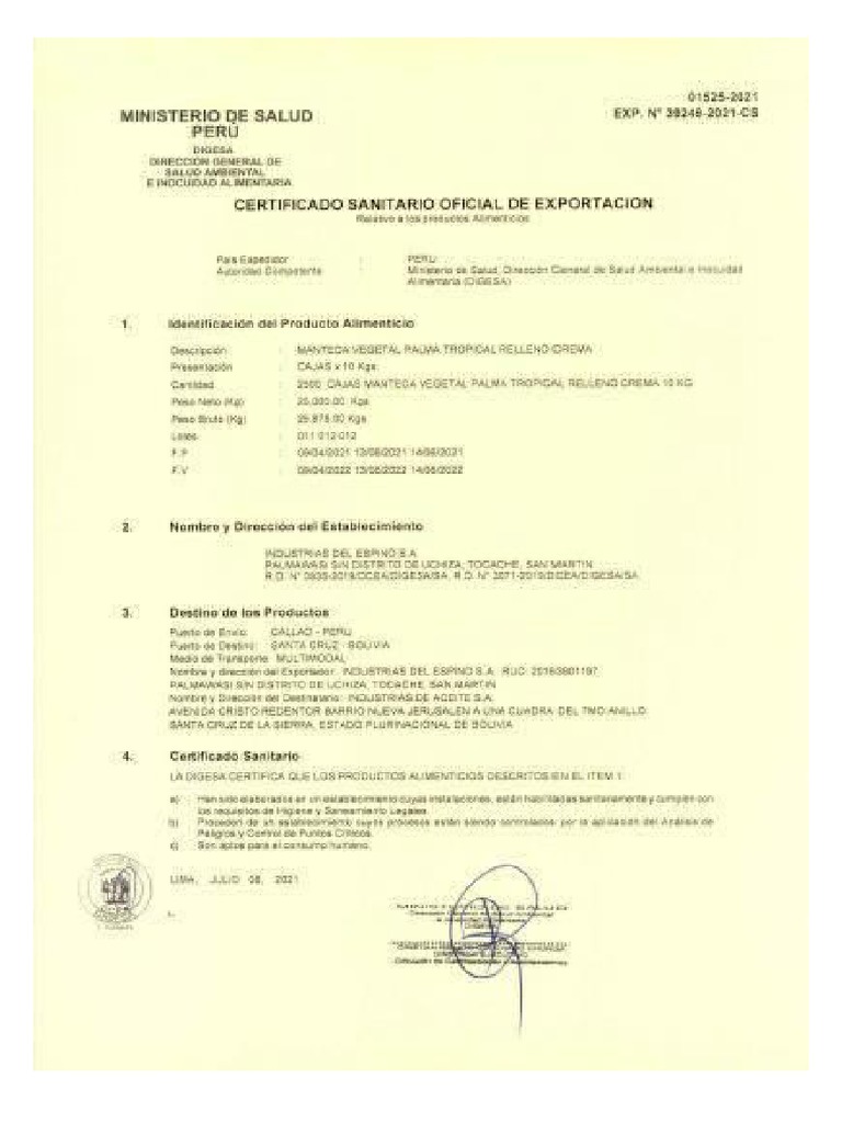 Certificado de Exportacion Digesa | PDF