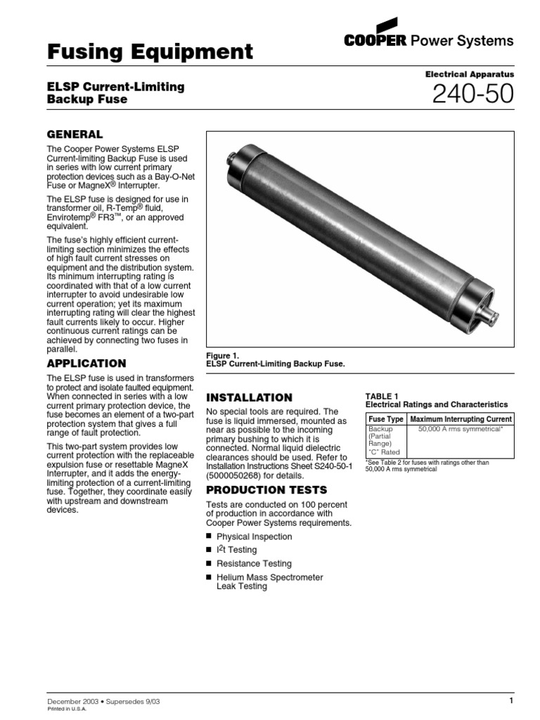 Fusing Equipment: ELSP Current-Limiting Backup Fuse | PDF | Fuse ...