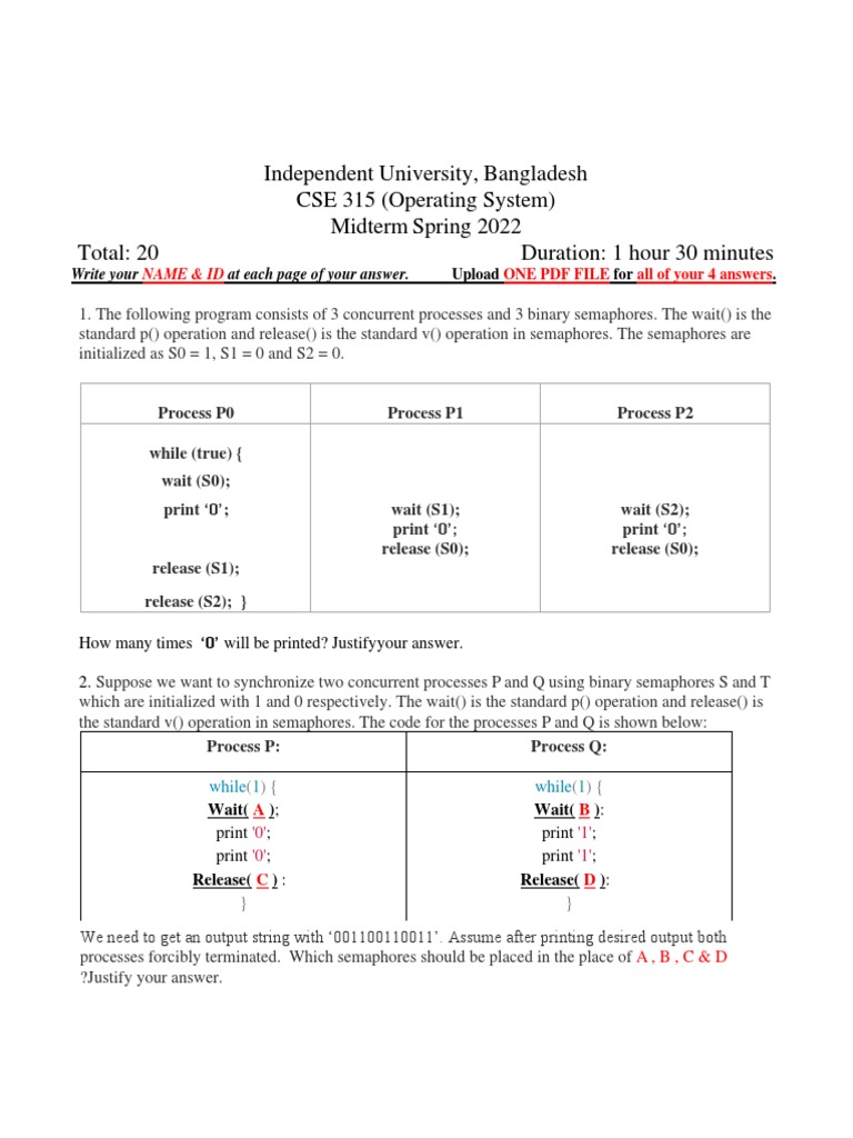 Cse-315 Spring22 Mid | PDF | Process (Computing) | Computer Programming