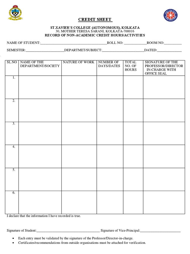 Credit Sheet: ST - Xavier'S College (Autonomous), Kolkata Record of Non ...