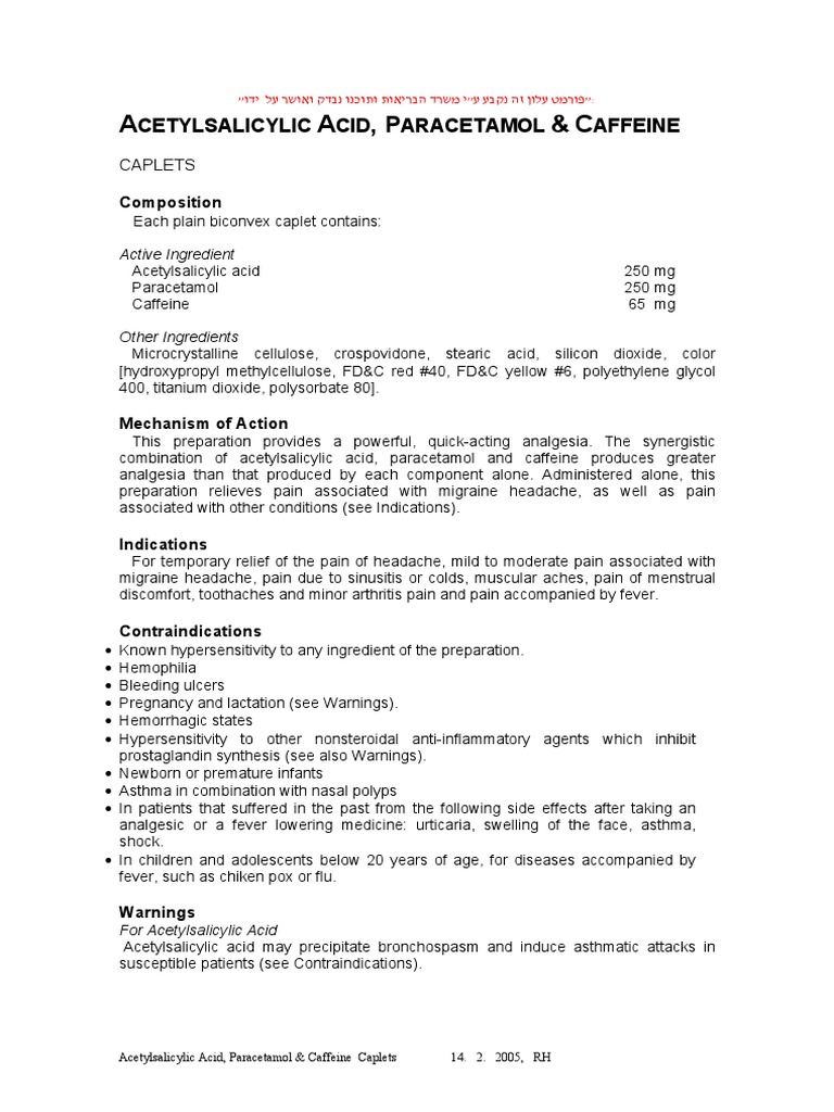 Acetylsalicilic Acid 250mg + Paracetamol 250mg + Caffeine 65mg (Acamol ...