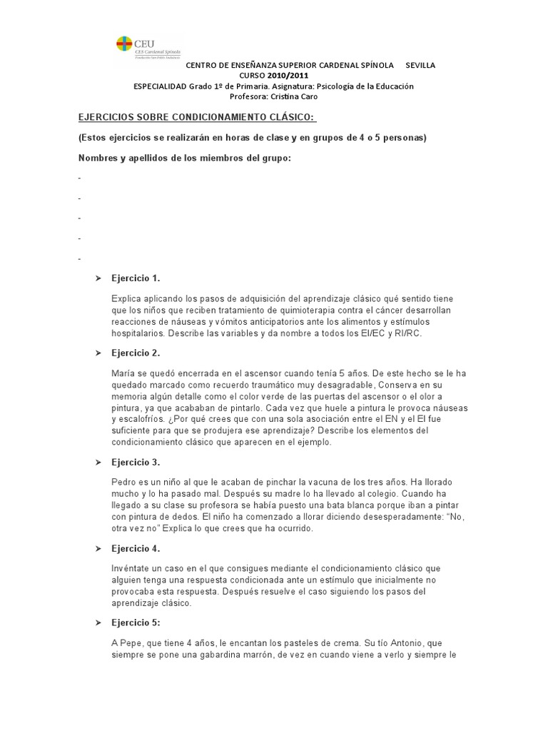 Ejercicios Sobre Condicionamiento Clásico para Seminario | PDF ...