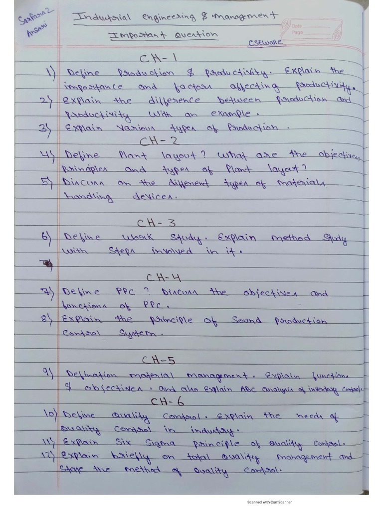 (IEM) Industrial Engineering and Management Important Questions | PDF
