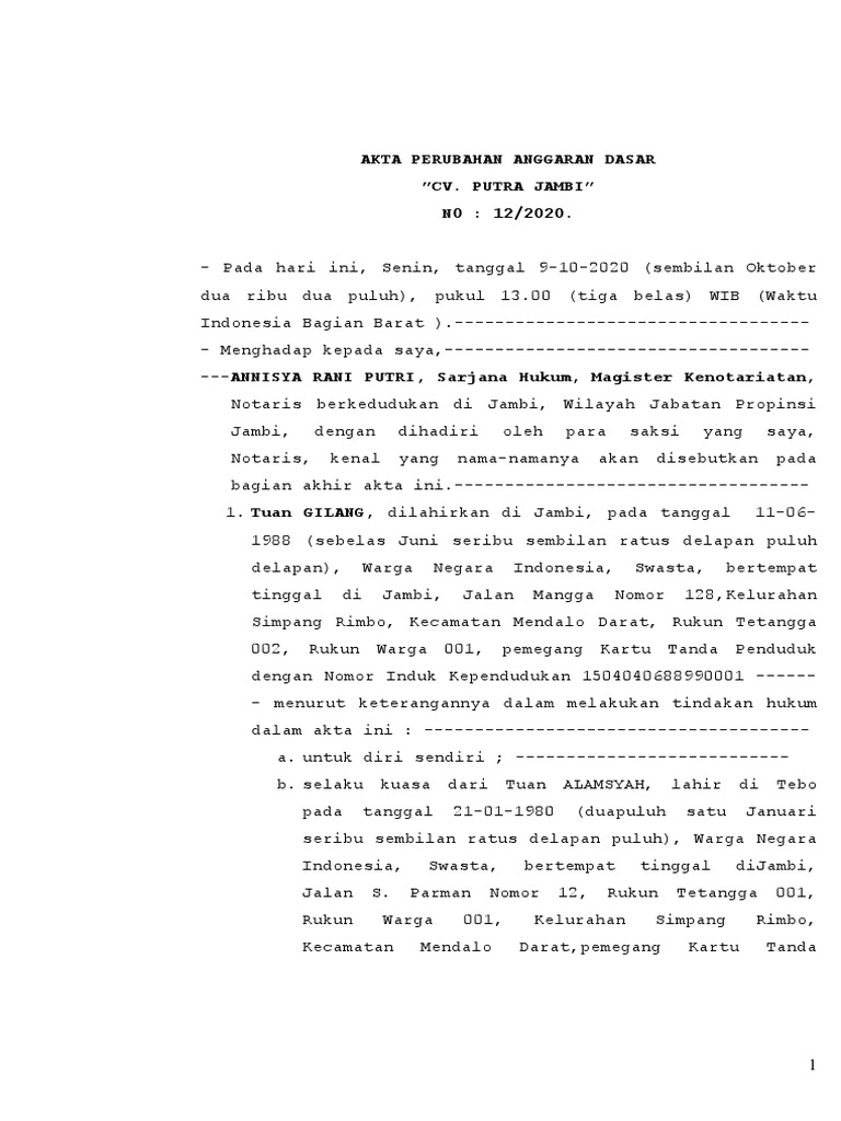 Contoh Akta Perubahan Cv. Putra Jambi | PDF | Pengelolaan Keuangan & Uang