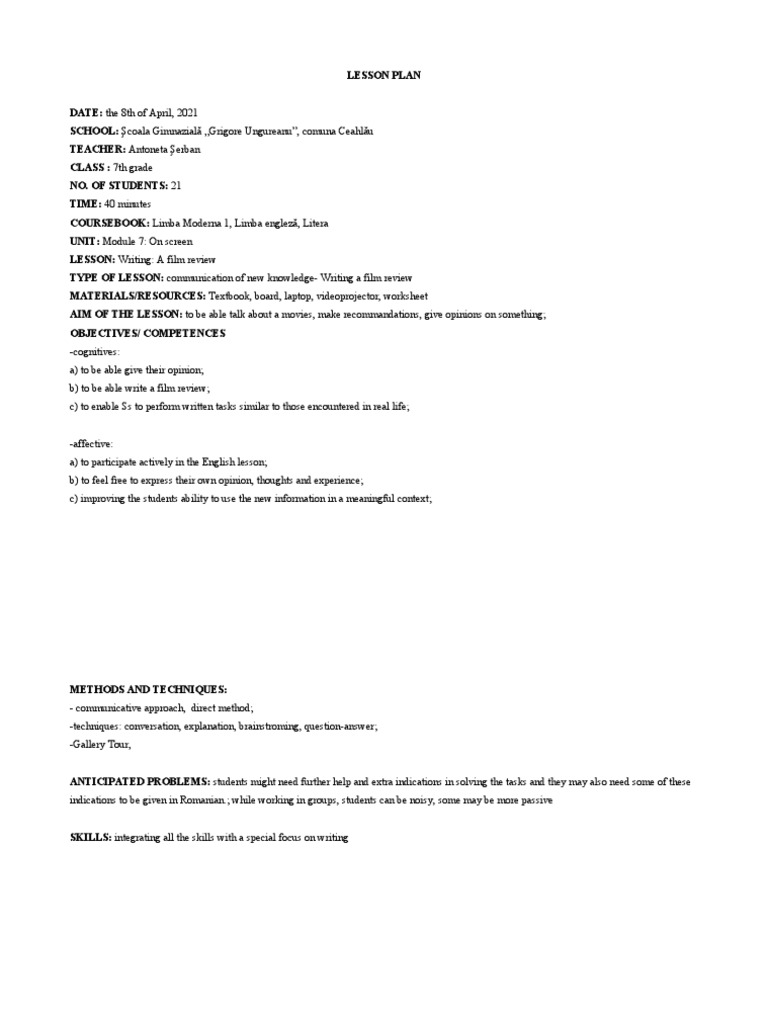 Film Review Writing Lesson Plan | PDF | Linguistics | Cognition
