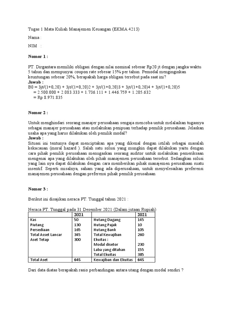 TUGAS 1 - Manajemen Keuangan - EKMA4213 | PDF