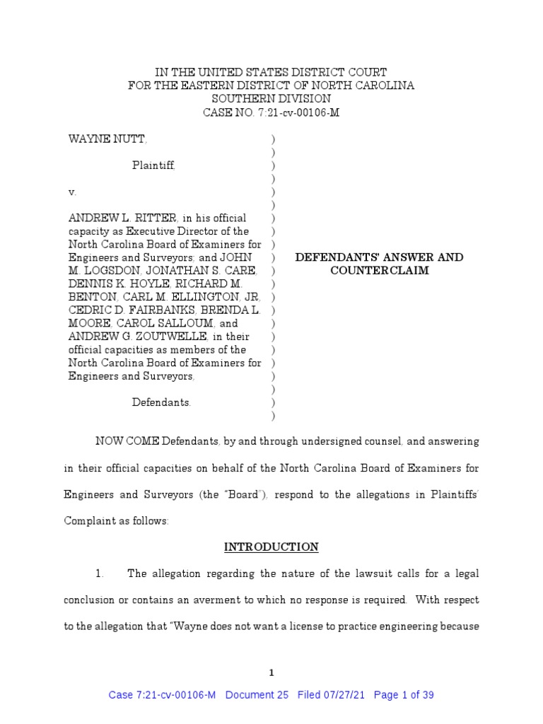 ECF 25 Defendants' Answer To Complaint | PDF | Lawsuit | Discovery (Law)