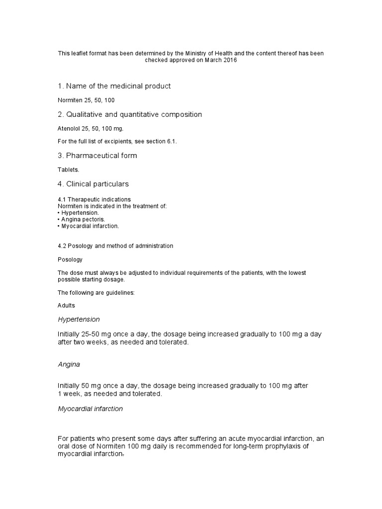 Guidelines For Use And Clinical Particulars Of Normiten 25 50 100