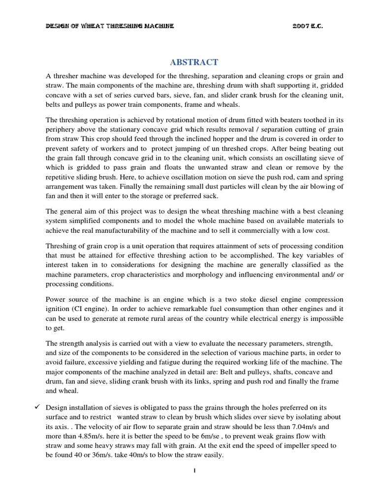 Design of Wheat Threshing Machine | PDF | Mechanical Engineering ...